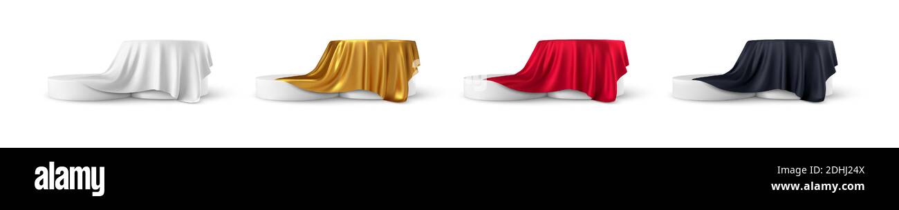 Set of realistic 3d round product podium display covered with fabric ...
