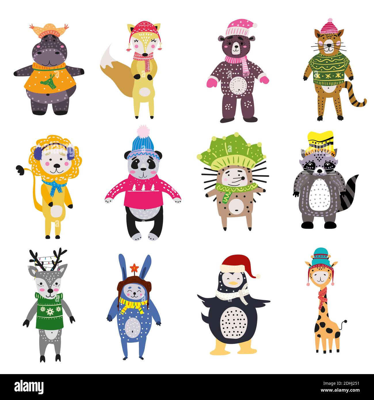 Christmas Animals set cute hippo, fox, bear, cat, lion, panda, hedgehog ...