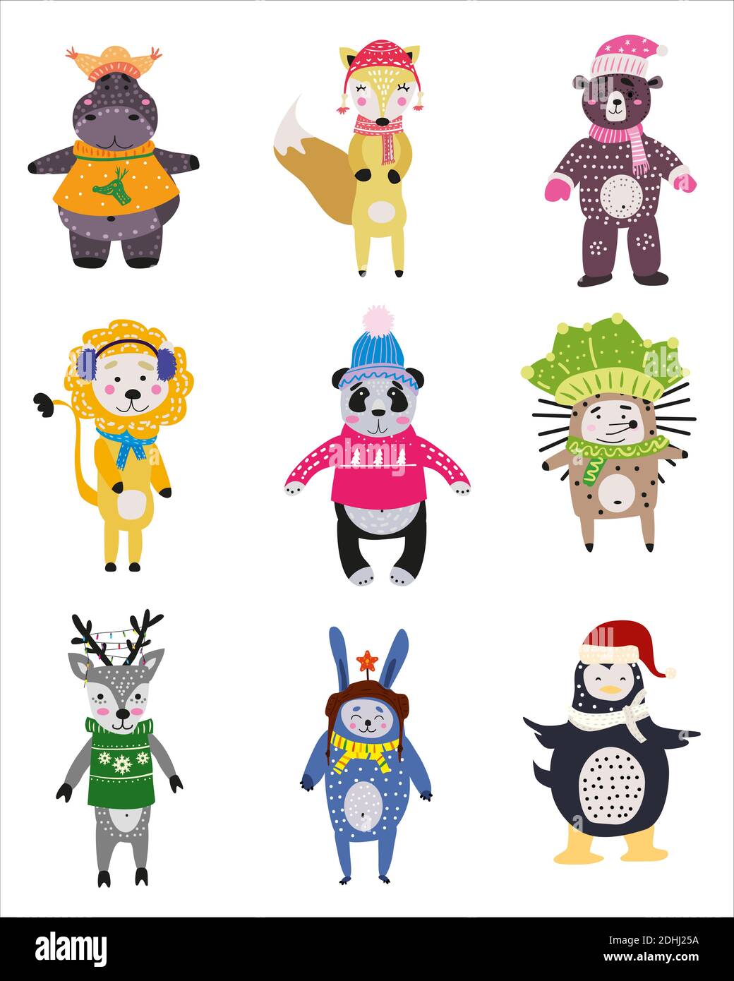 Christmas Animals set cute hippo, fox, bear, lion, panda, hedgehog ...