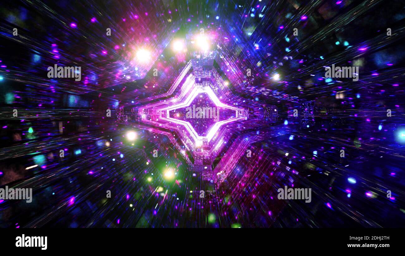 Glowing particles flying through space ship tunnel 3d illustration ...