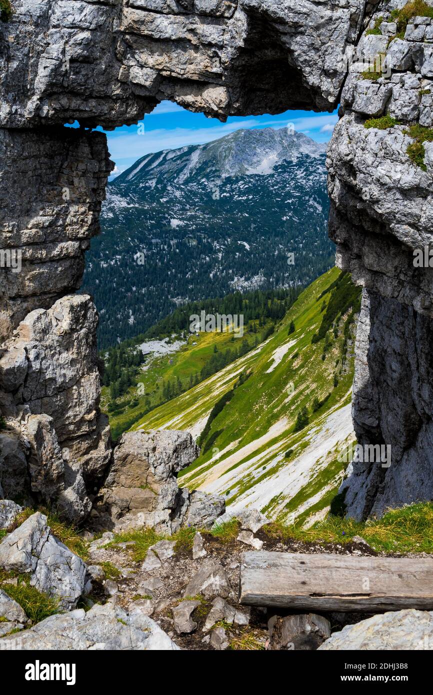 Window In Rock Wall With View To Alpine Landscape On Mountain Loser In ...
