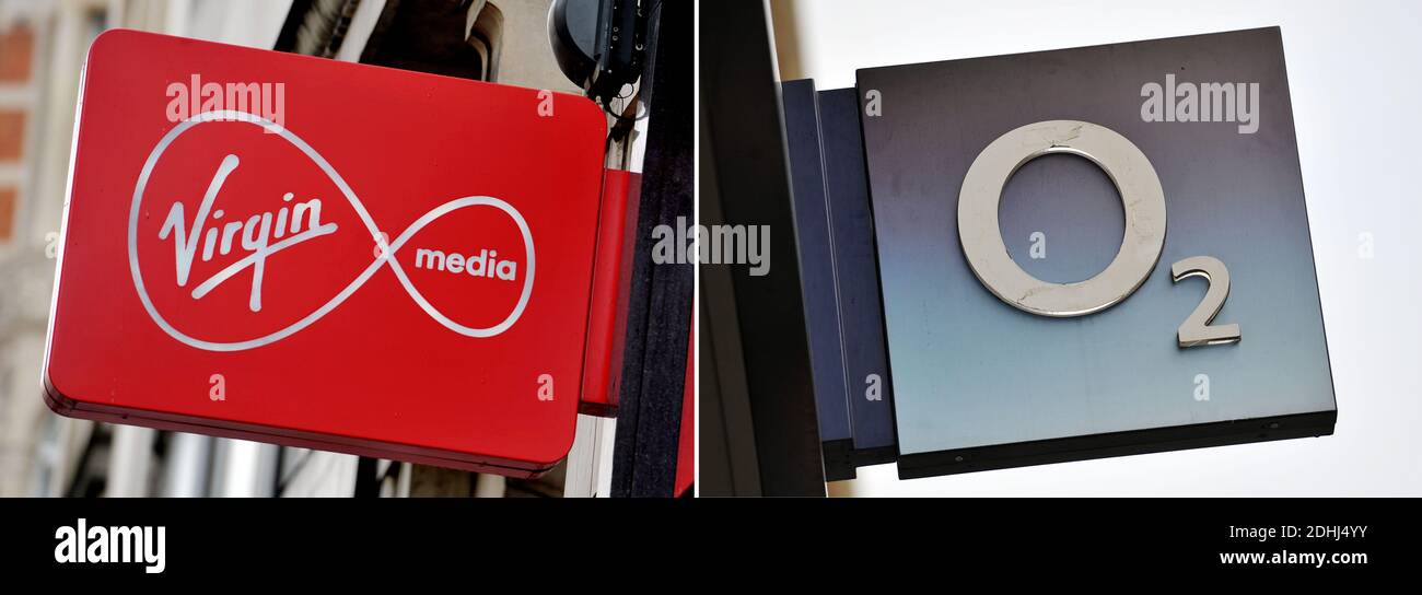 Undated file photos of signs for Virgin Media and O2. An in-depth investigation into the £31 ...
