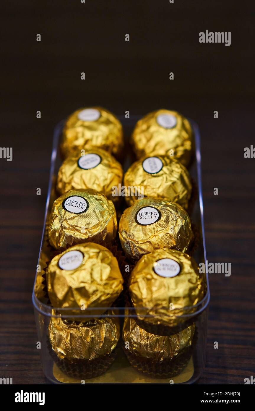 POZNAN, POLAND - Dec 12, 2017: Ferrero Rocher chocolate packed in ...