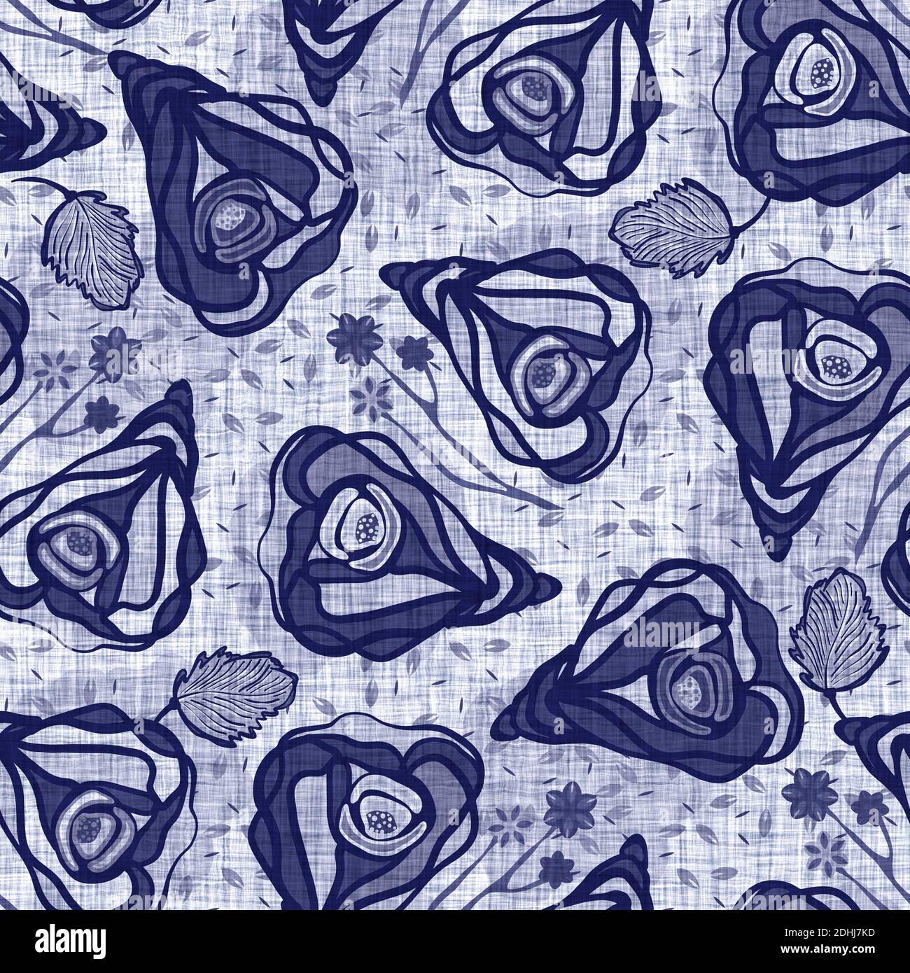 Indigo blue flower block print dyed linen texture background. Seamless ...