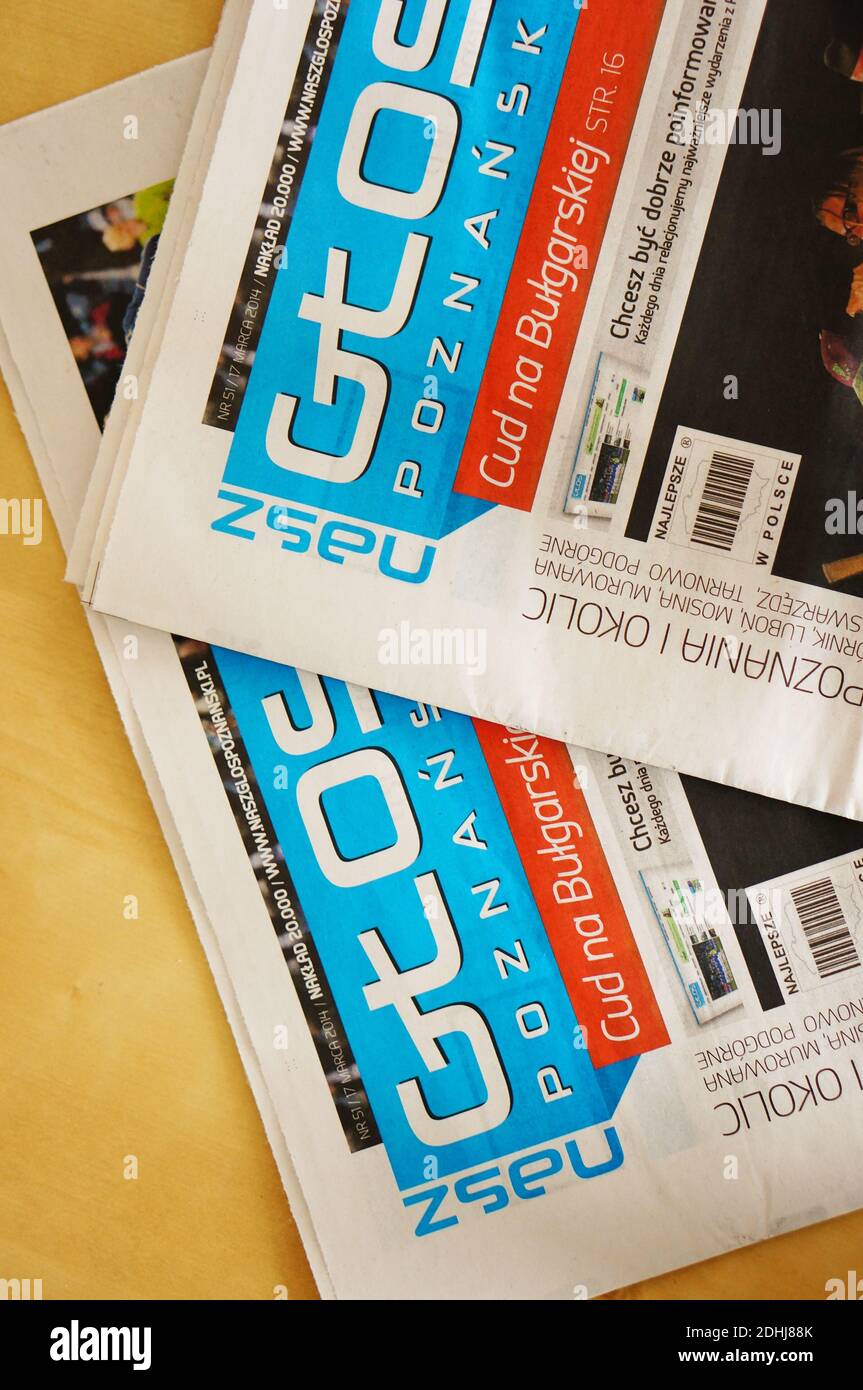 POZNAN, POLAND - Mar 18, 2014: Close up of an local Polish newspaper ...