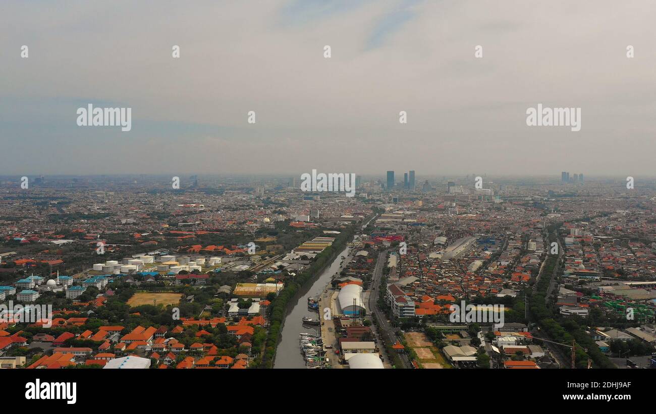 Aerial cityscape densely built asian city, seaport. urban environment ...