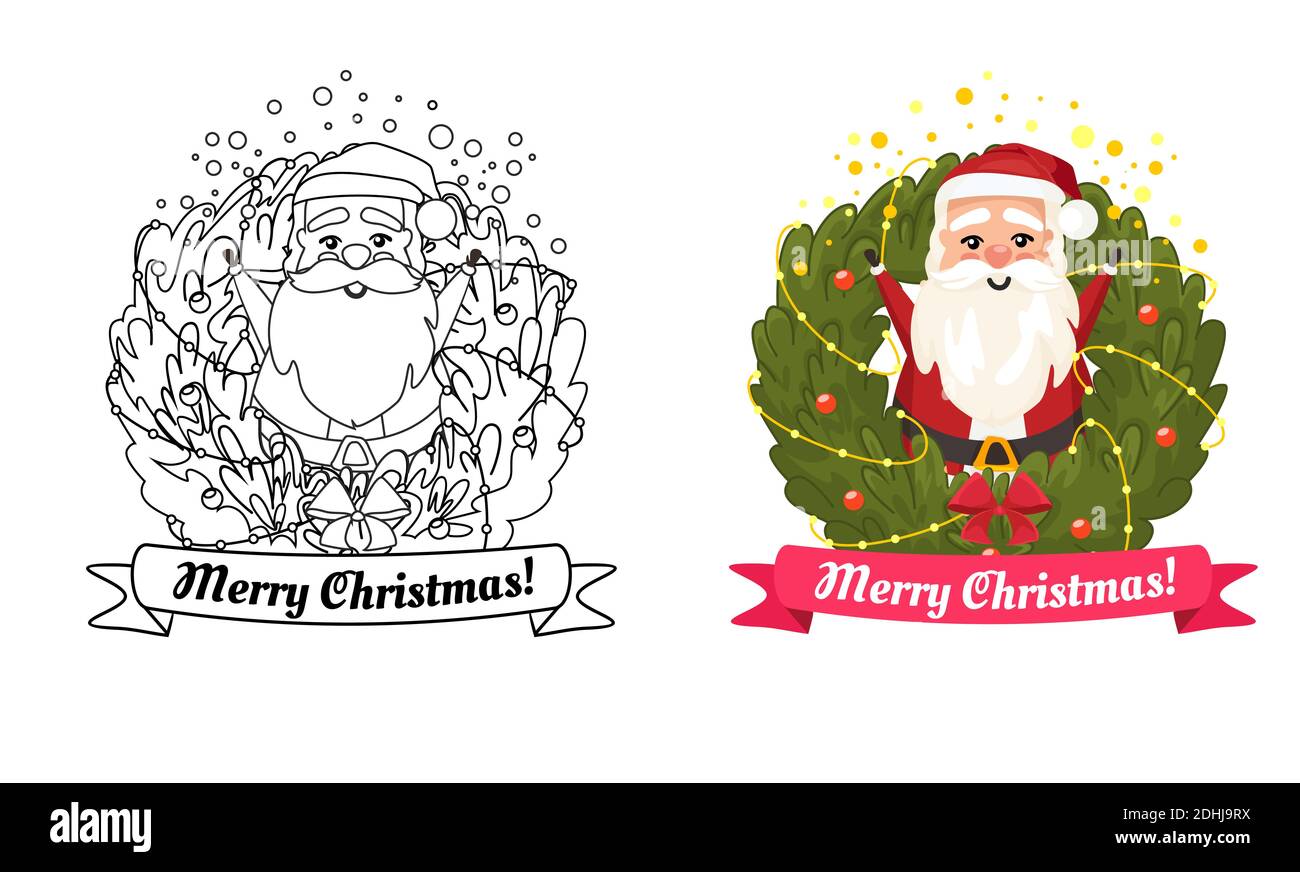 Merry Christmas Wreath Circle Shape and Santa Claus Doodle Vector ...