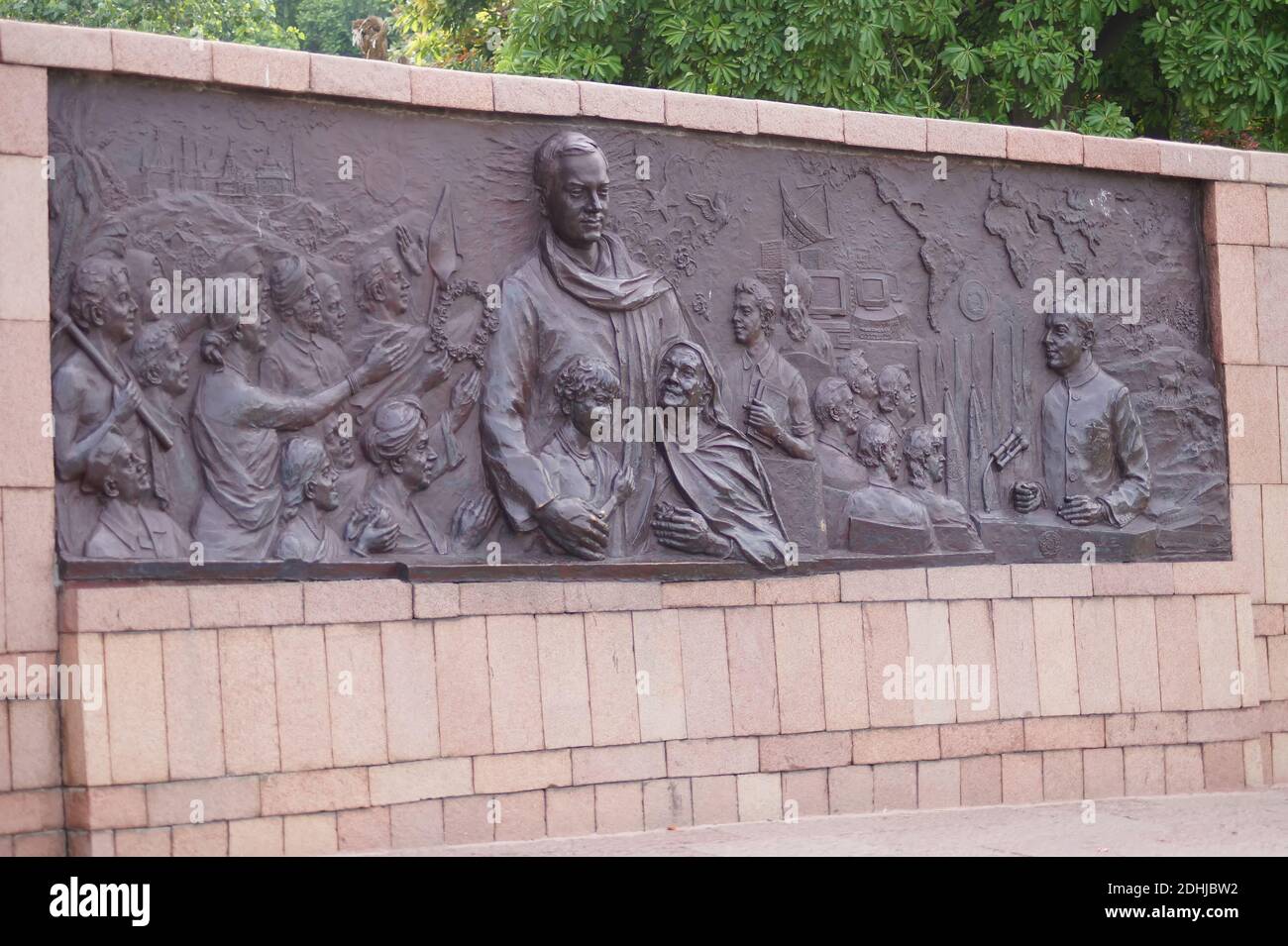 Delhi, India - 07-08-2017: Wall statue of Rajiv Gandhi at Veer Bhumi. It is the Memorial of ...