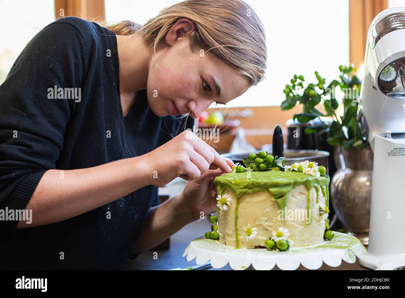 teenage girl in kitchen applying icing to cake Stock Photo - Alamy