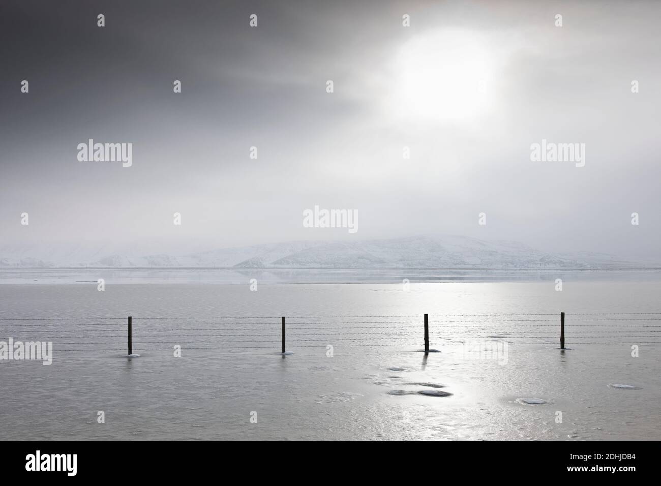 Fence in wintry landscape with grey sky Stock Photo - Alamy