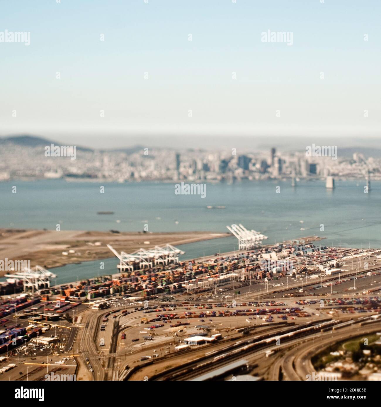 Aerial view of freight harbour with San Francisco skyline Stock Photo ...