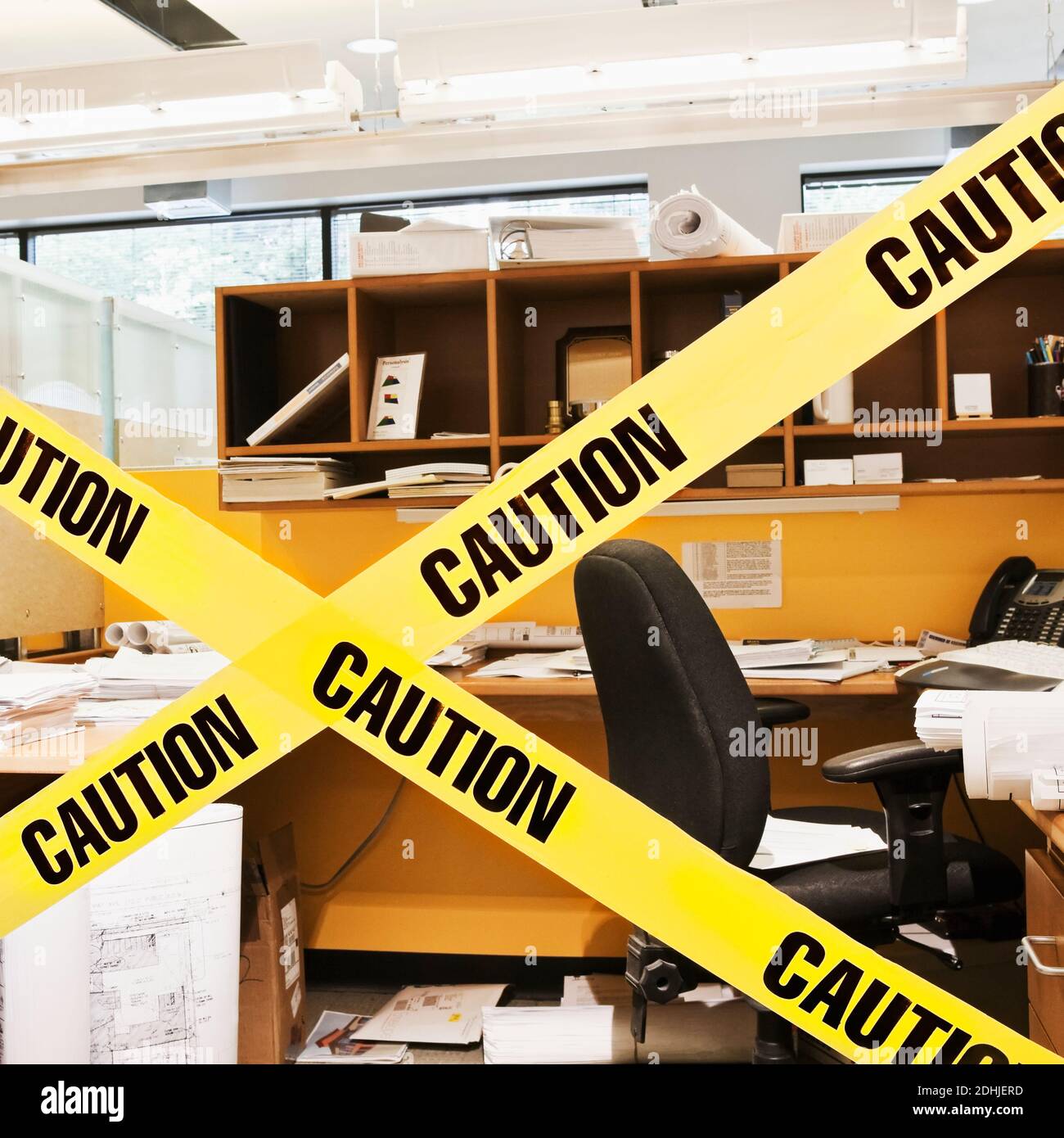 Caution Tape Blocking a Cubicle Entrance Stock Photo - Alamy