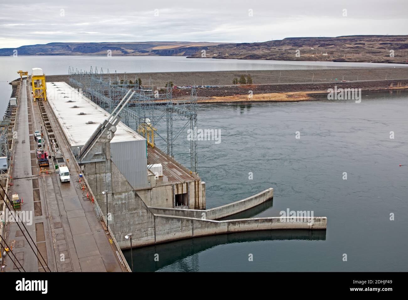 Warehouse on dam in rural area Stock Photo - Alamy