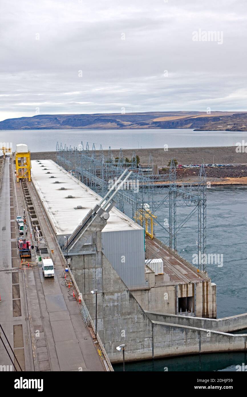 Warehouse on dam in rural area Stock Photo - Alamy