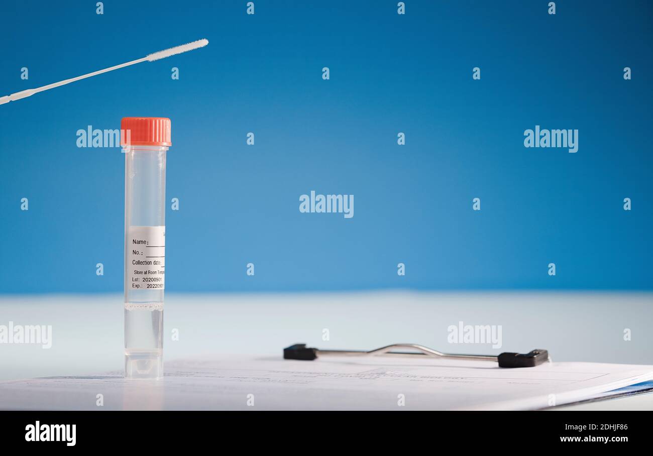 Swab for nasopharyngeal smear, and transport transparent vial and ...
