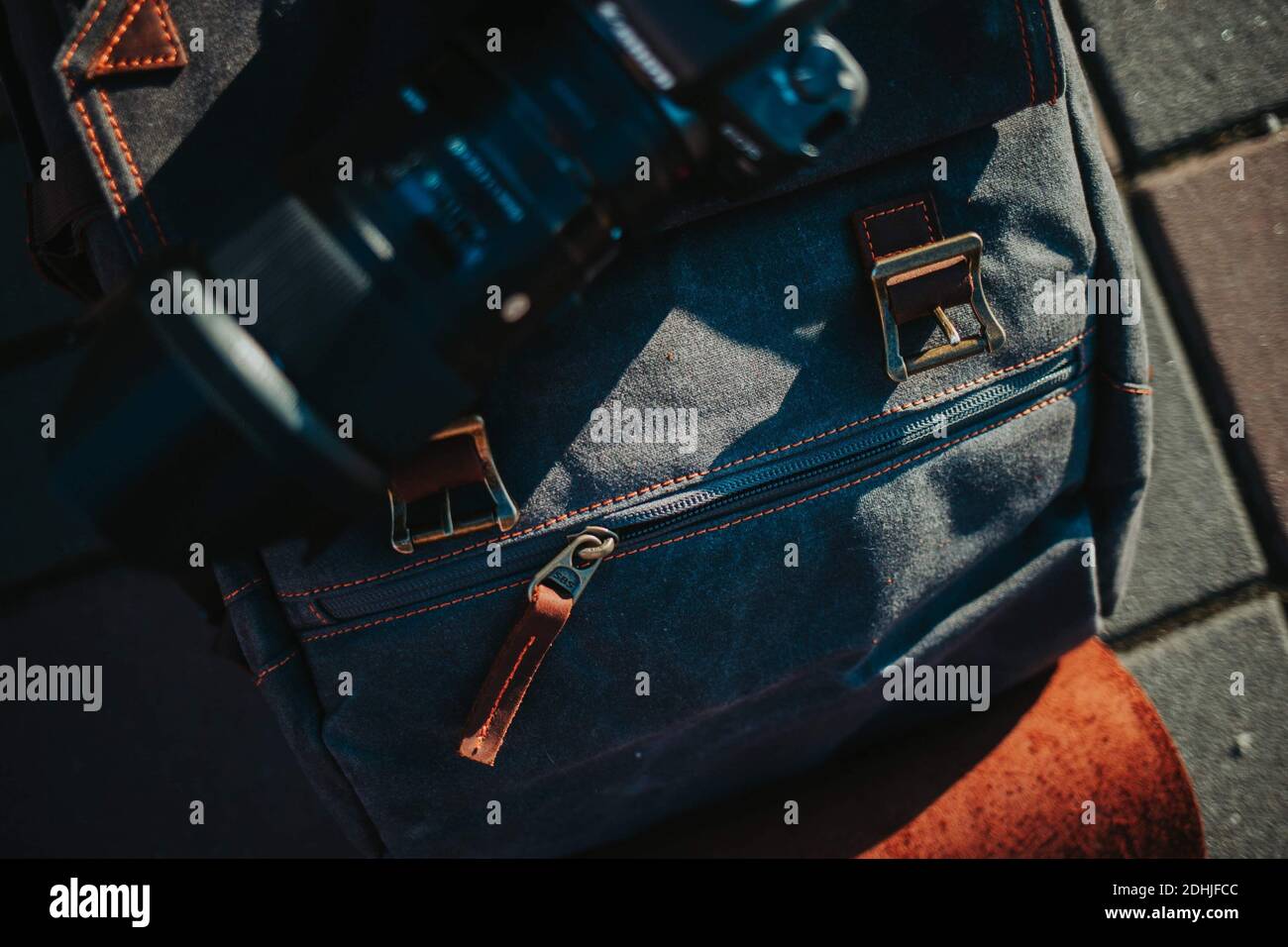 A top view of a fabric bag with a camera on top of it Stock Photo - Alamy