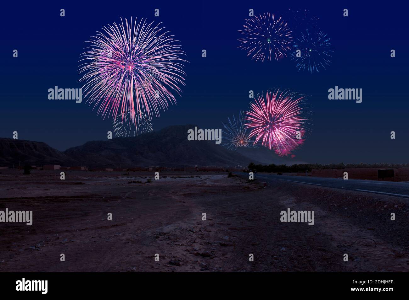 Celebratory fireworks for new year over the moroccon desert near ...