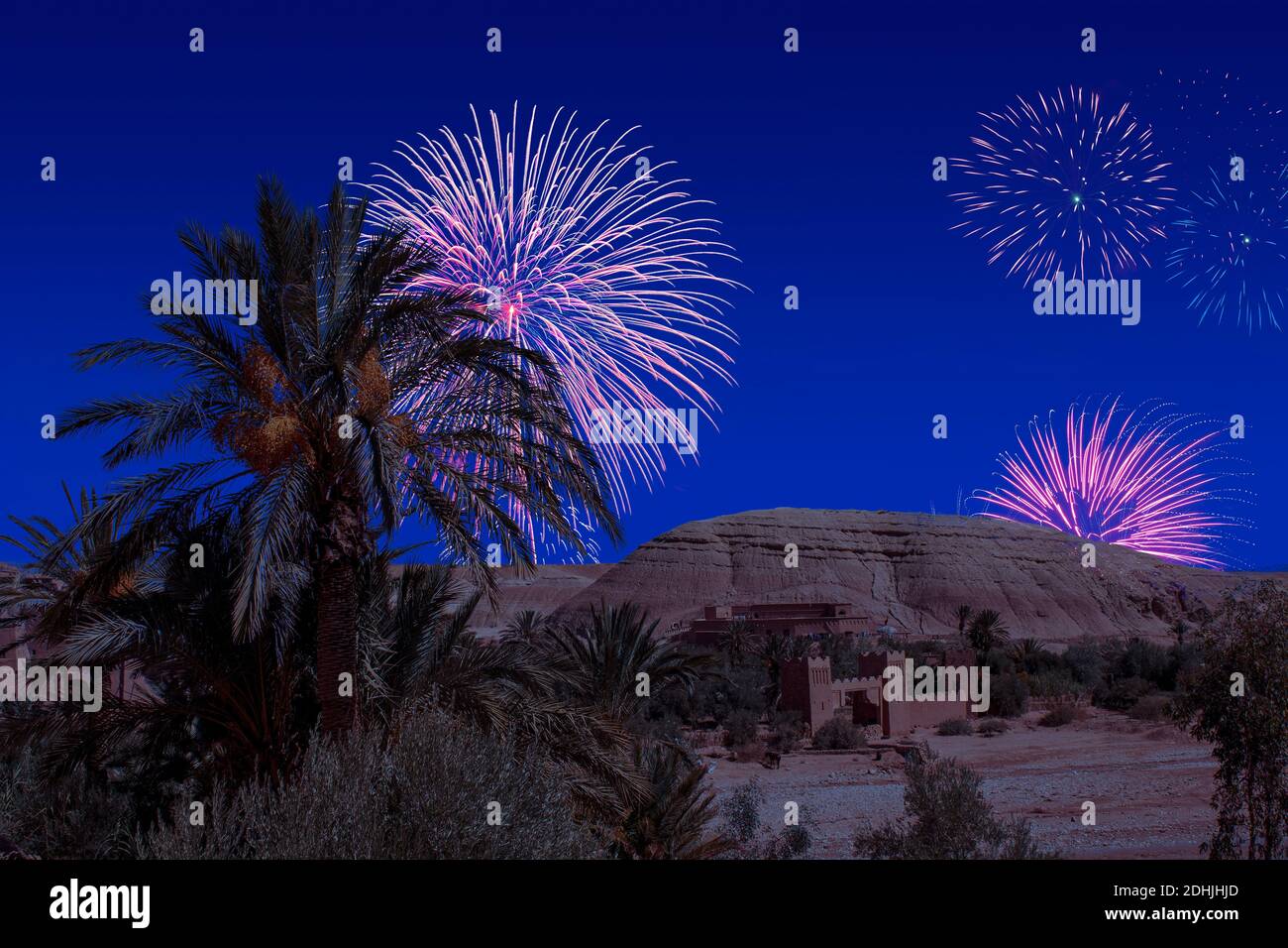 Celebratory fireworks for new year over Kasbah Ait Ben Haddou on the ...