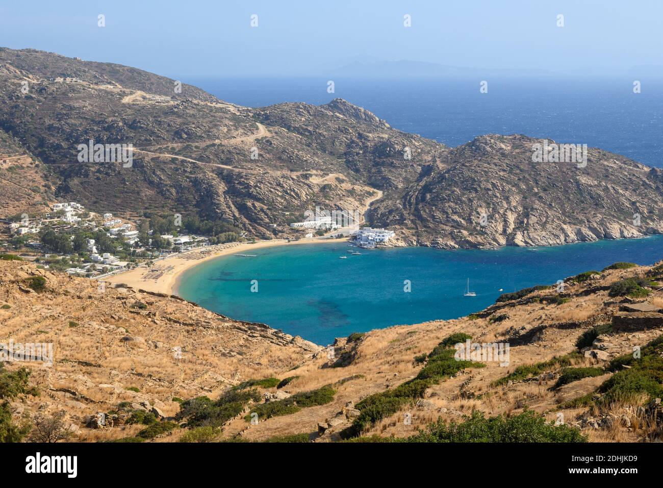 Top view of Mylopotas Beach, the most popular beach on Ios Island. Cyclades, Greece Stock Photo ...