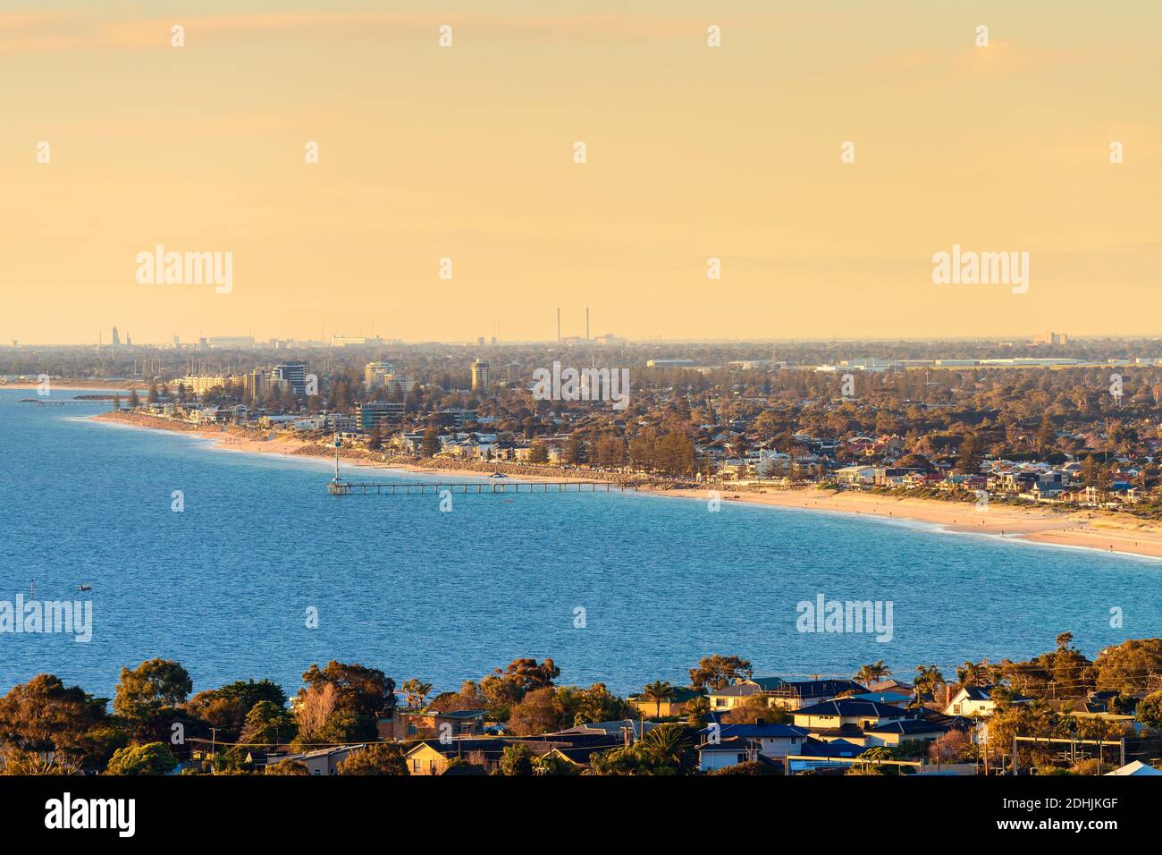 Brighton Beach with jetty viewed from the hill at sunset, South ...