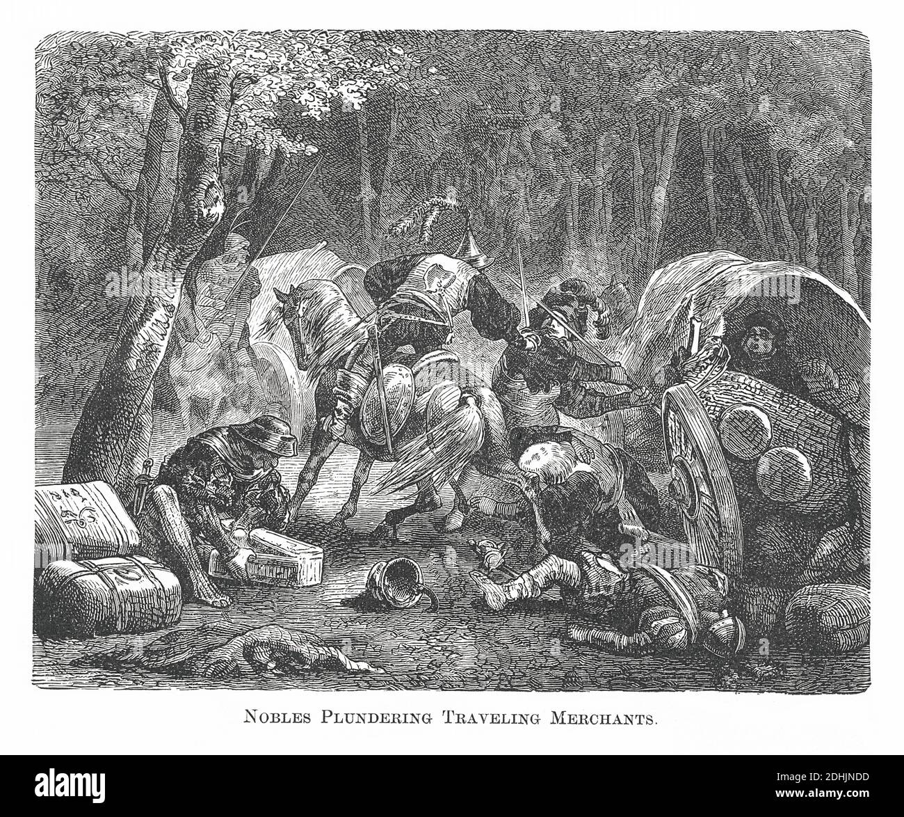 19th-century illustration of a scene where nobles plundering traveling ...