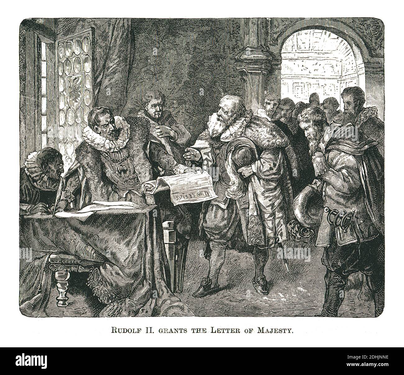 19th-century illustration of Rudolf II. Grants the Letter of Majesty ...