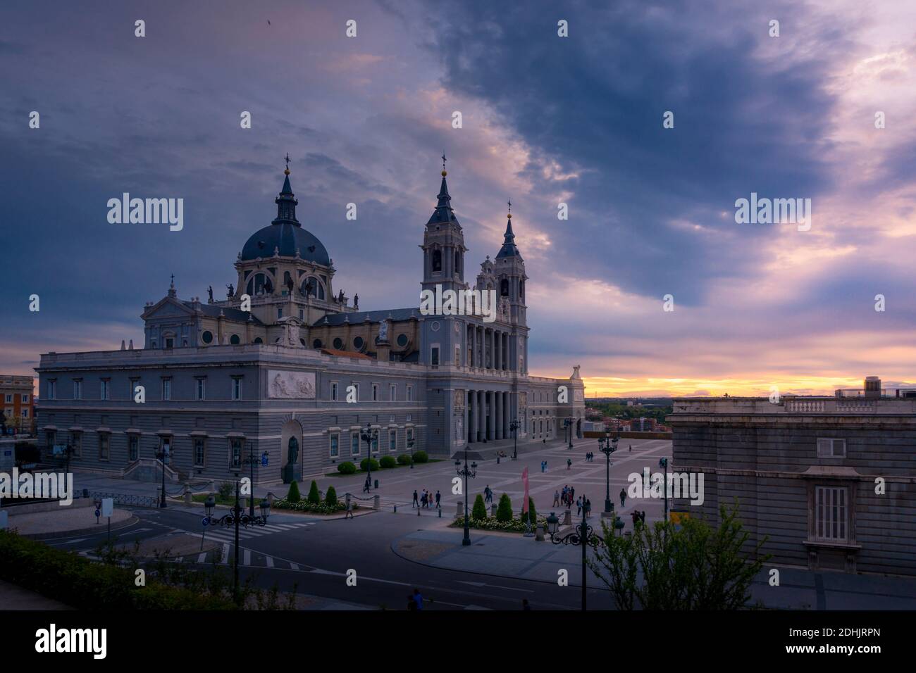 Picturesque Almudena Cathedral with ornamental towers on background of ...