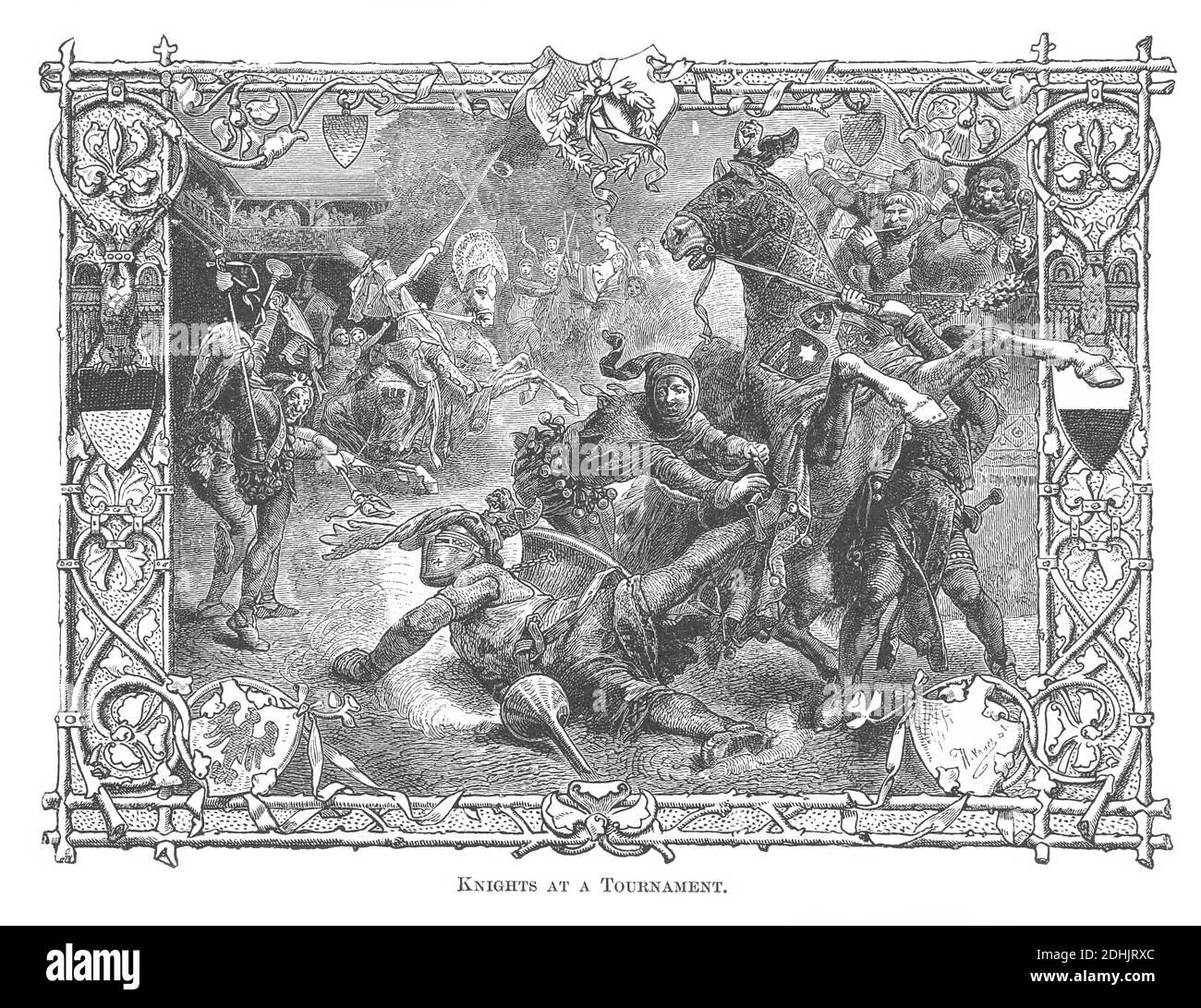 19th-century illustration of Knights at a tournament. Original artwork ...