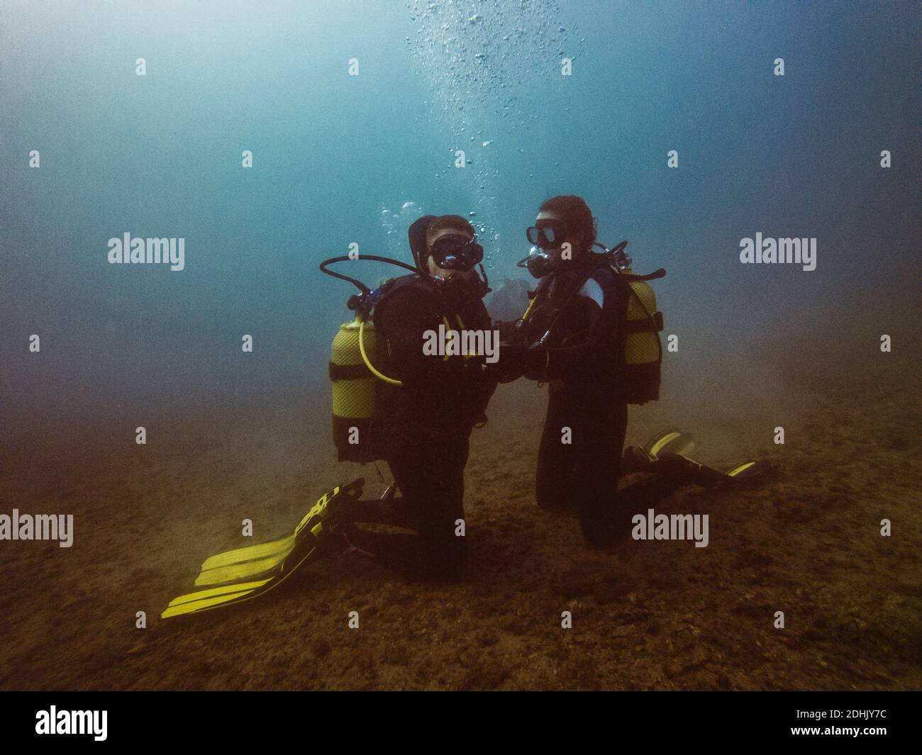 Side view unrecognizable divers kneeling together on the bottom of the ...