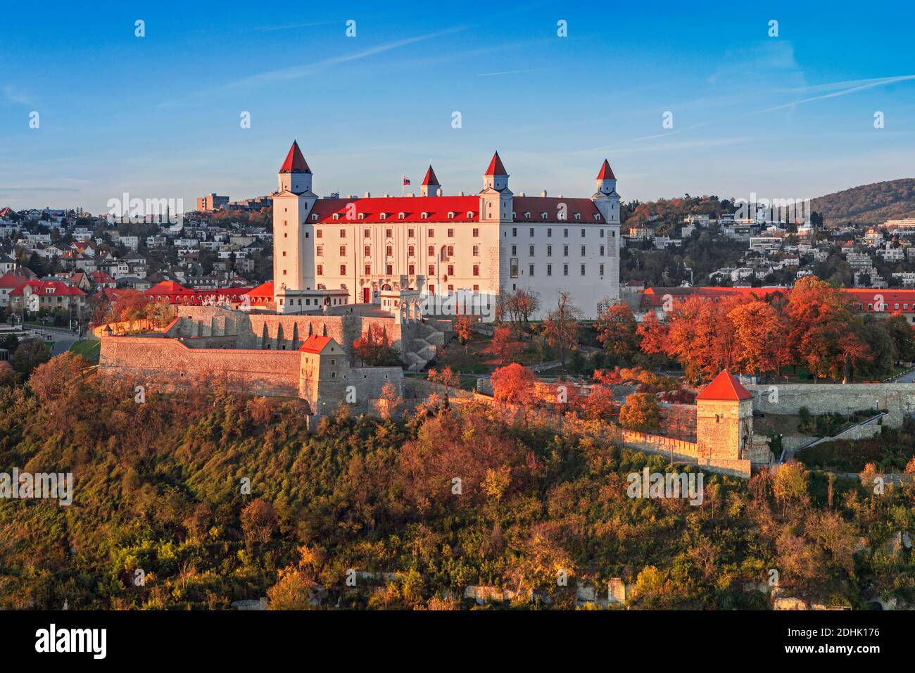 Bratislava castle,parliament and Danube river at beautiful fall day ...