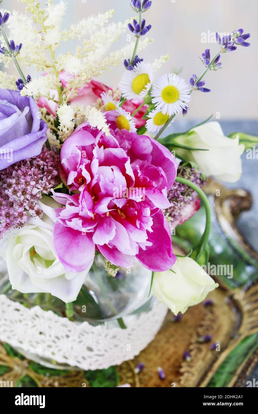 Bouquet with rose, peony, eustoma and lavender flowers. Party decor ...