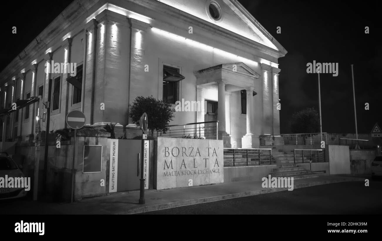 Malta Stock Exchange in Valletta by night - MALTA, MALTA - MARCH 5 ...