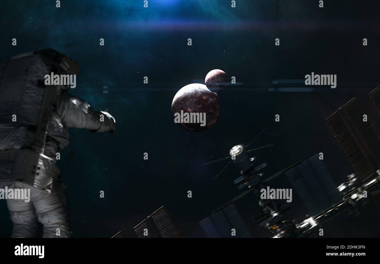 Distant planets in depths of dark space. Astronaut out of focus, motion ...