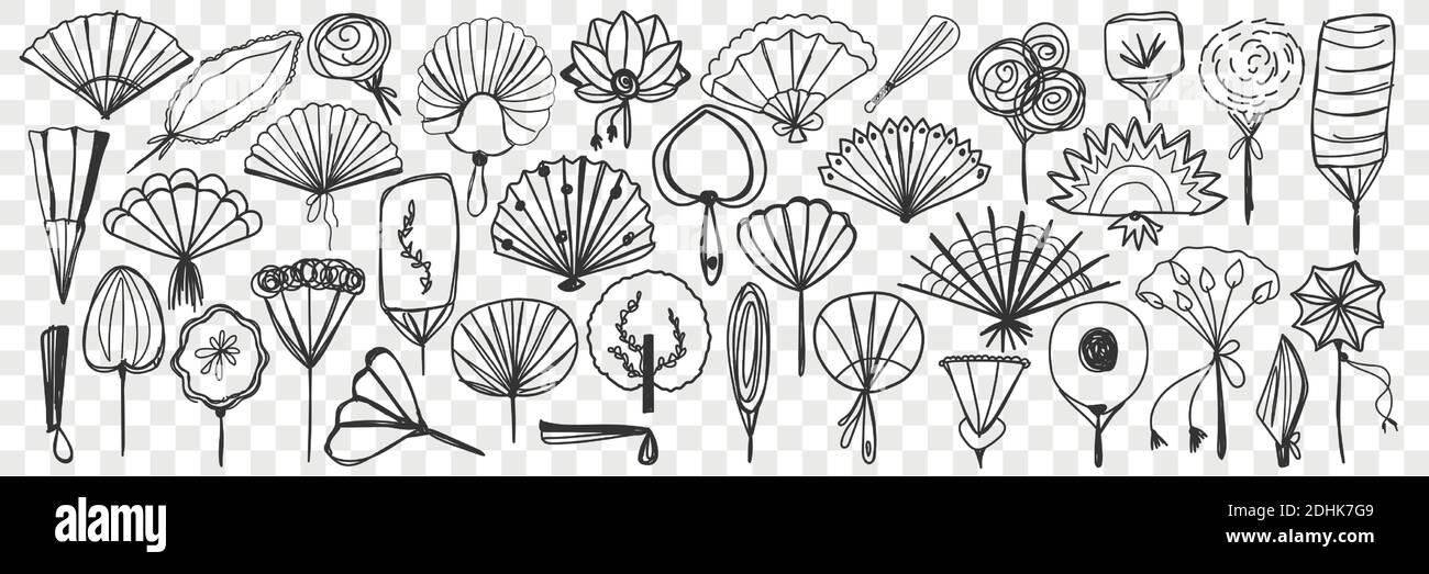 Fan accessories doodle set. Collection of hand drawn various fans of ...