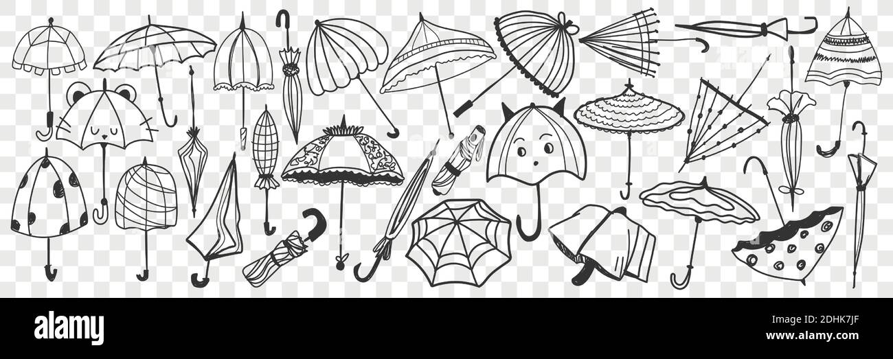 Umbrella doodle set. Collection of hand drawn various open and closed umbrellas for protecting ...