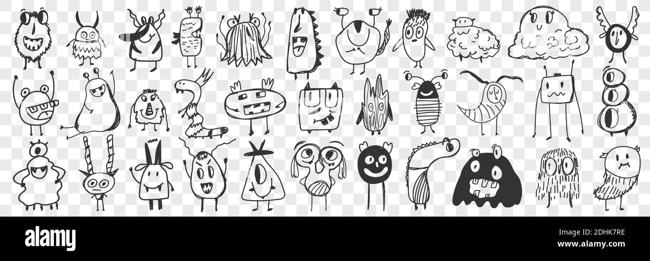 Scary cartoon characters doodle set. Collection of hand drawn cute ...