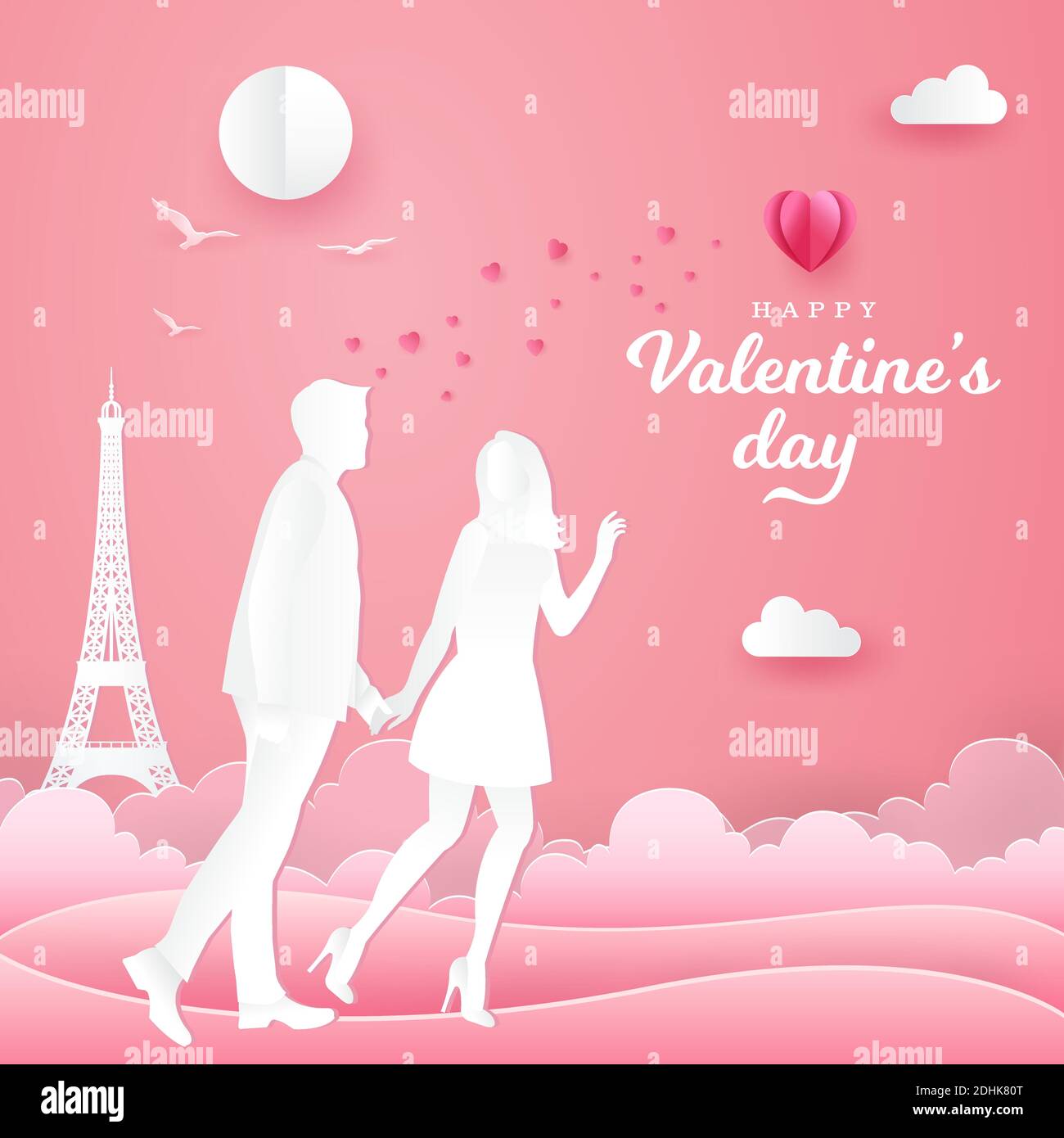 Valentine's Day greeting card. couple walking and holding hands on pink ...