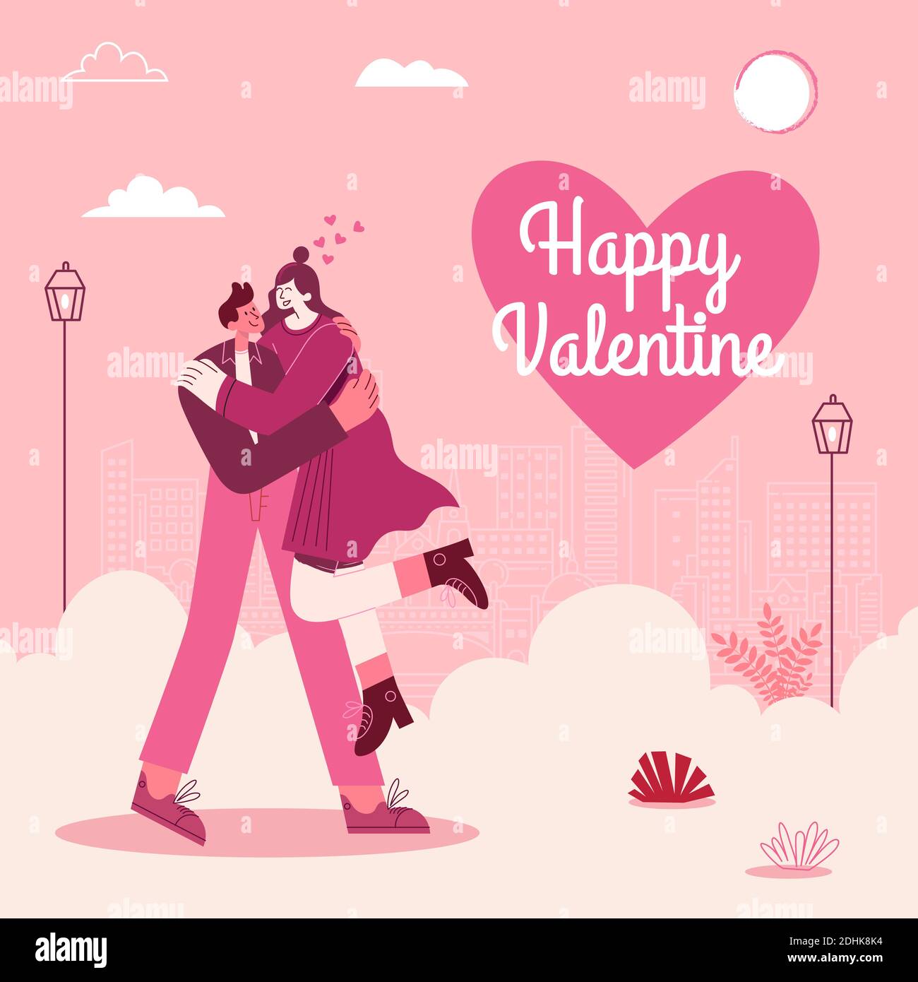 Valentine's Day greeting card. Happy man carrying his Girlfriend ...