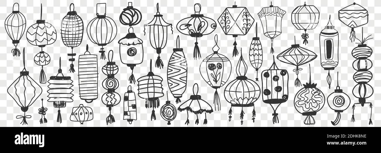 Chinese lanterns doodle set. Collection of hand drawn traditional asian ...