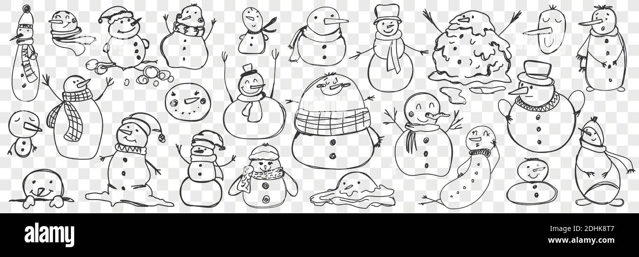 Snowman doodle set. Collection of funny hand drawn cute snowmen in ...