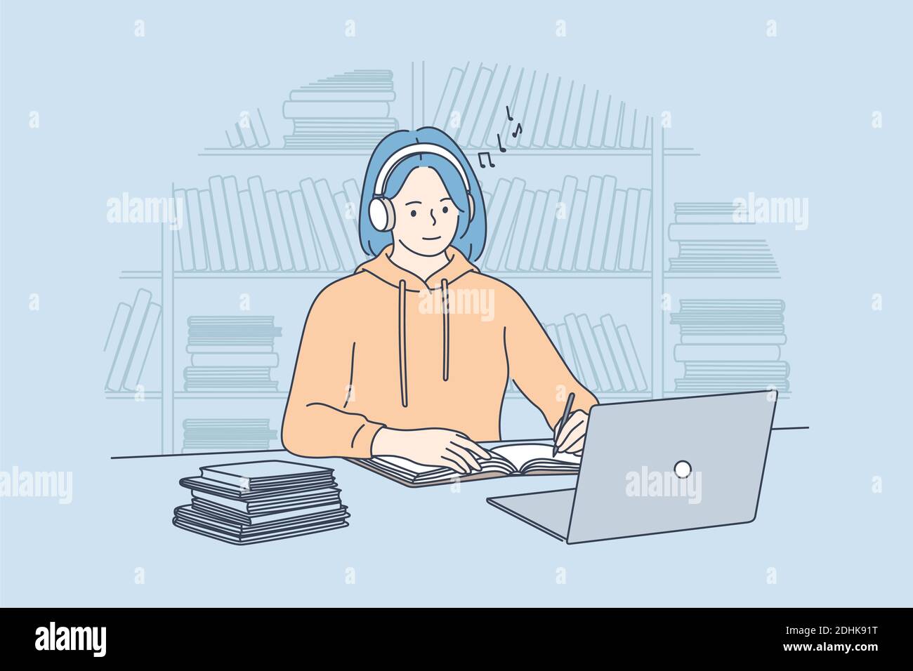 Using gadgets, listening to music during e-learning concept Stock ...