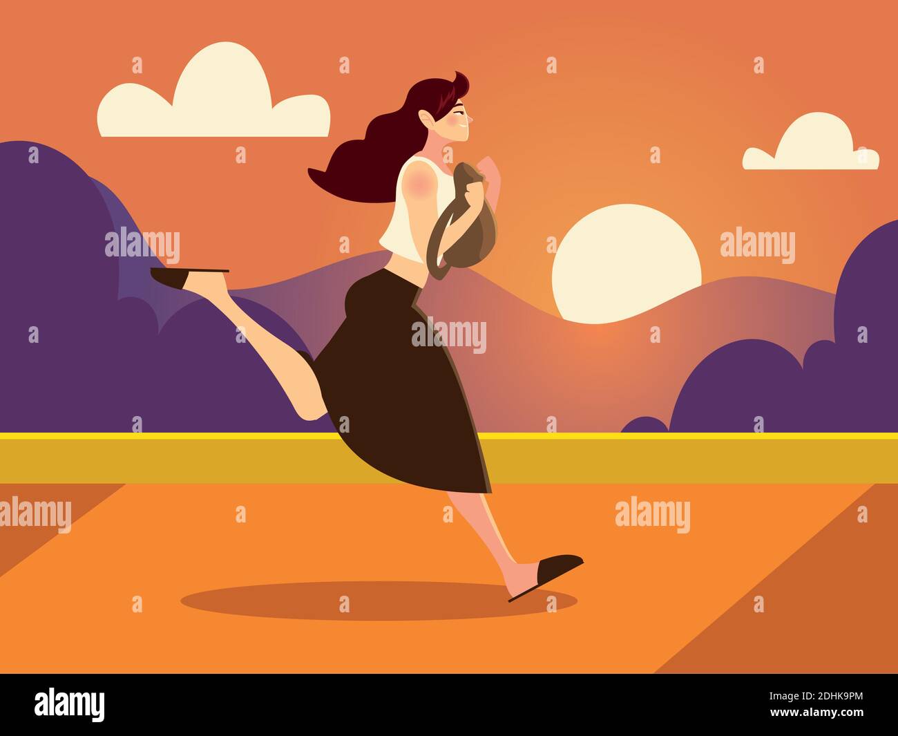 young woman character running with bag in the landscape vector ...