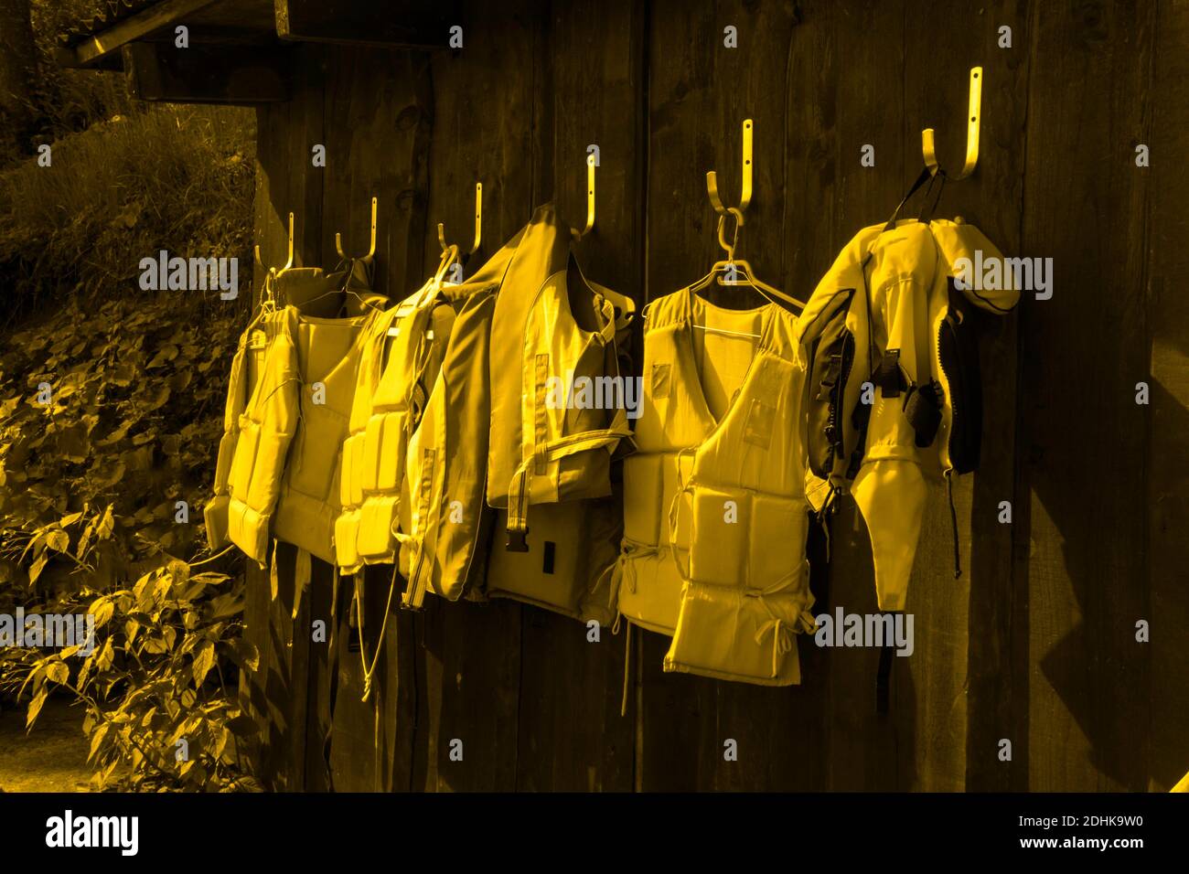 yellow life jackets toned in illuminating trendy color, yellow ...