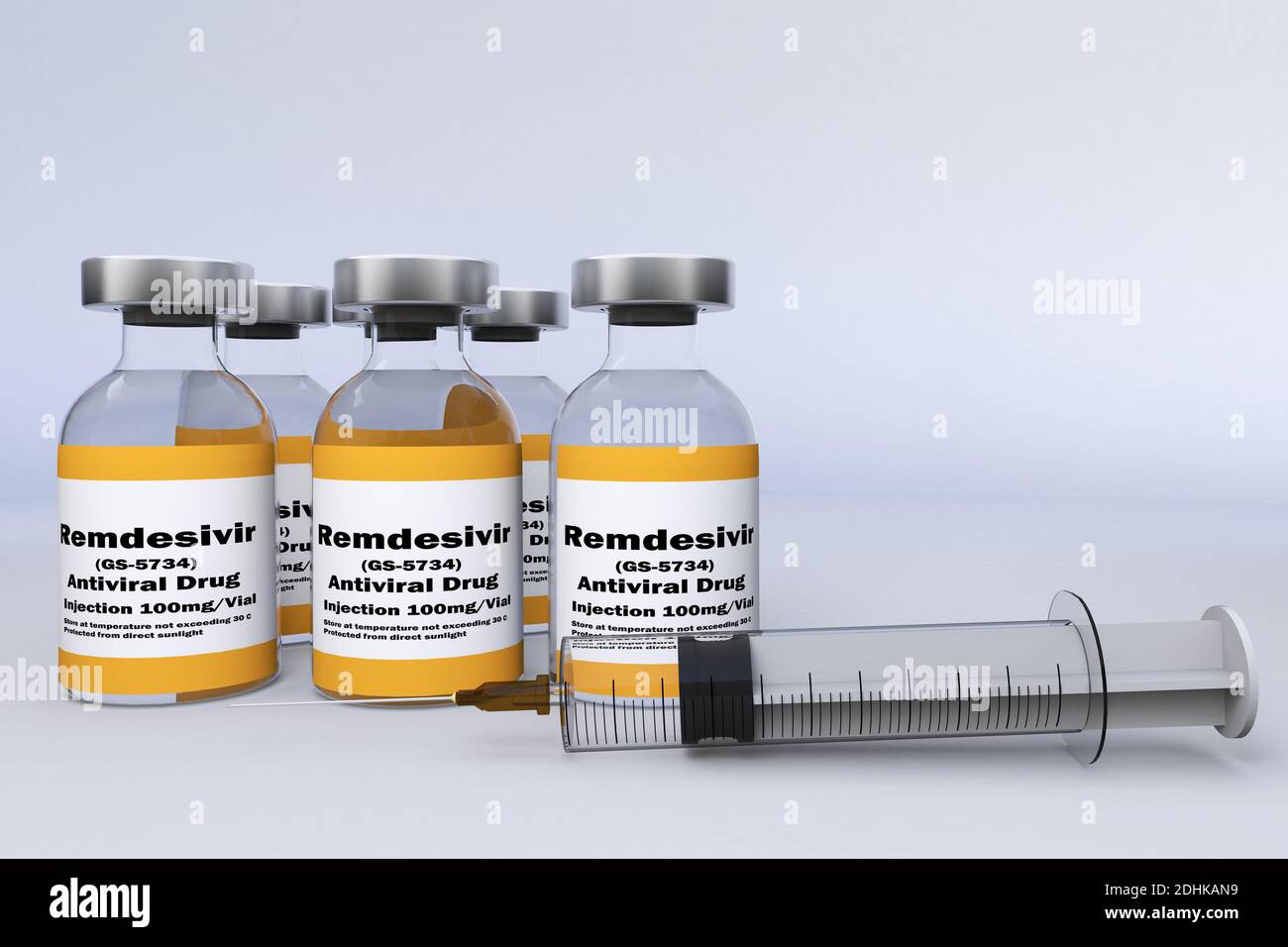 3D RENDER with a syringe and a container bottles antiviral drug ...