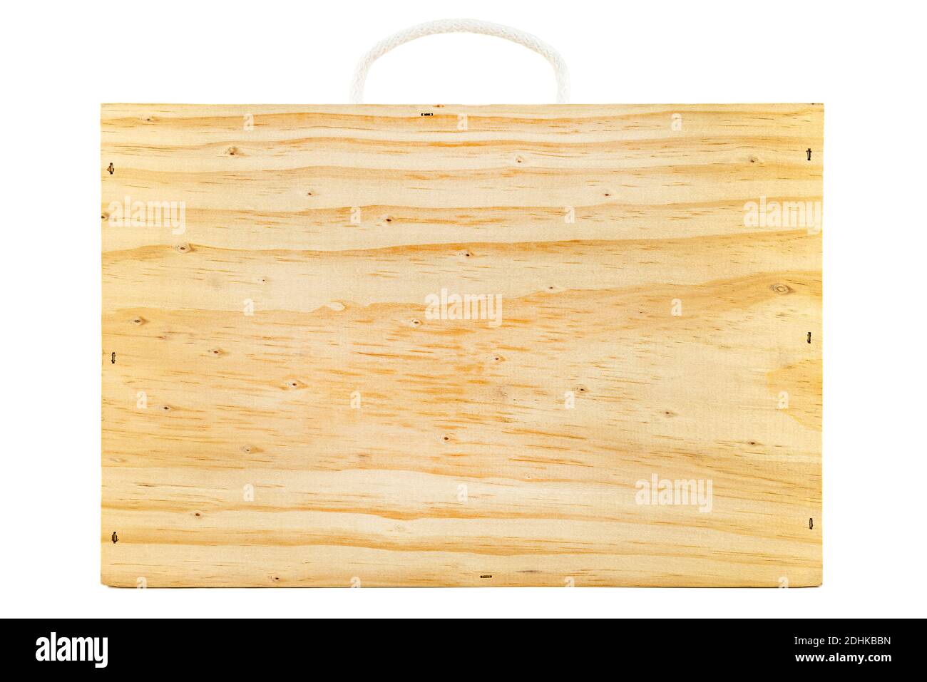 Rectangular shaped wooden suitcase with rope handle, isolated on white ...