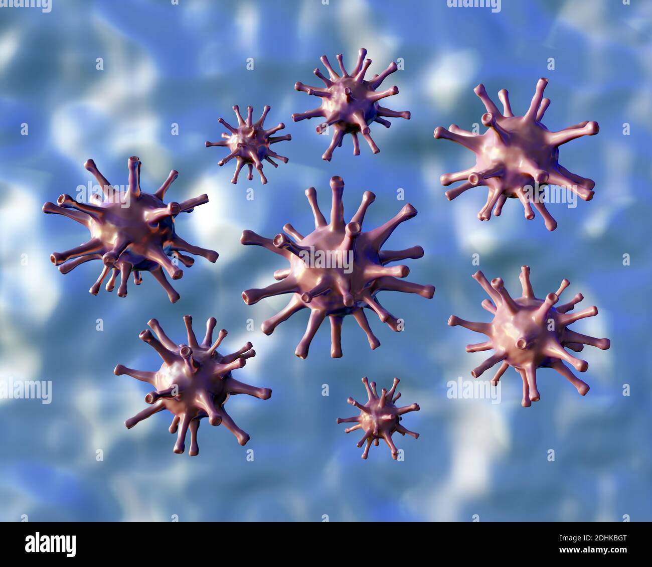 Floating beautiful shiny viruses on blue wavy background, 3d ...