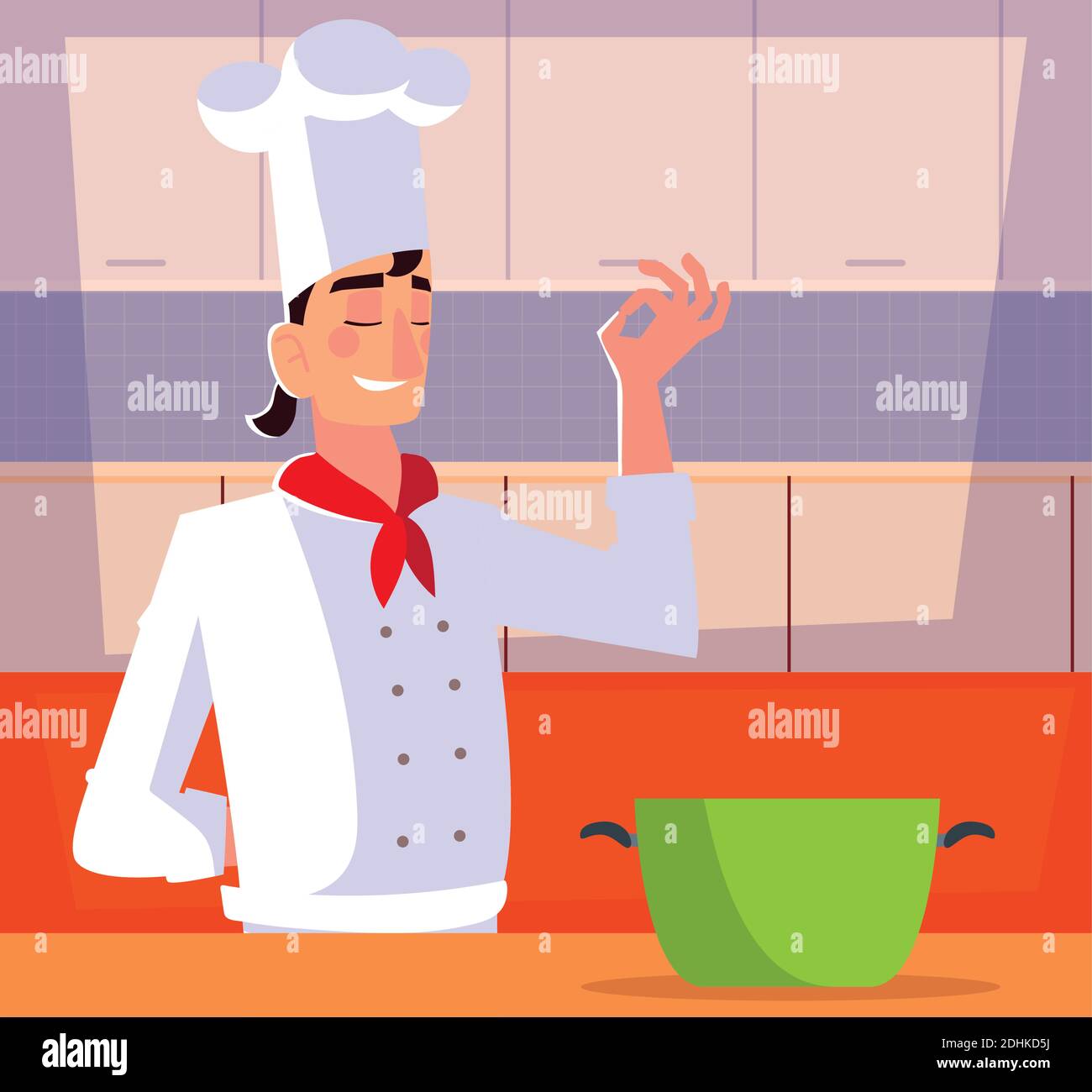 cooking chef man with pot in kitchen restaurant vector illustration ...