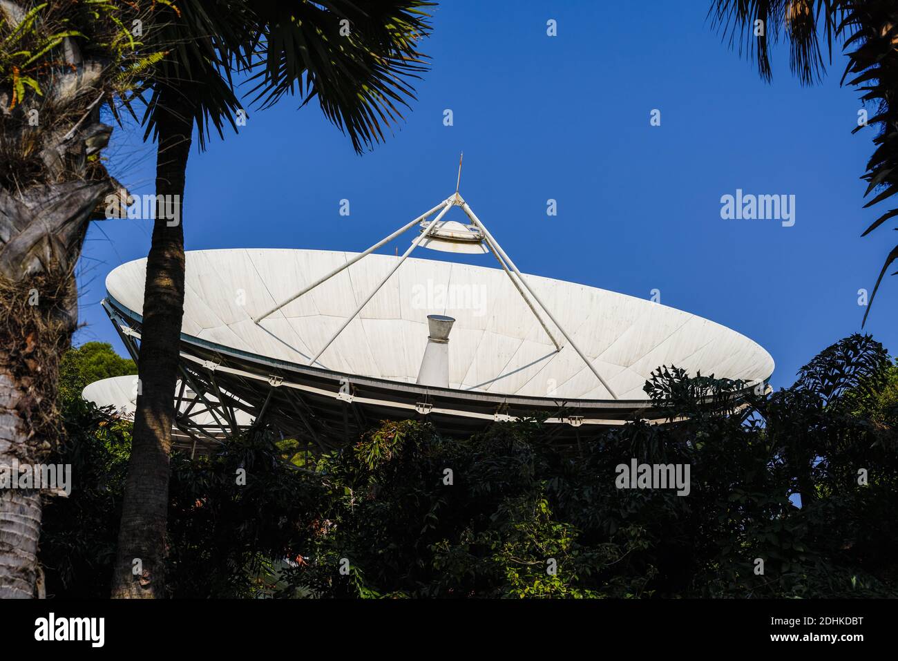 A close-up of a satellite signal receiving antenna station located in ...