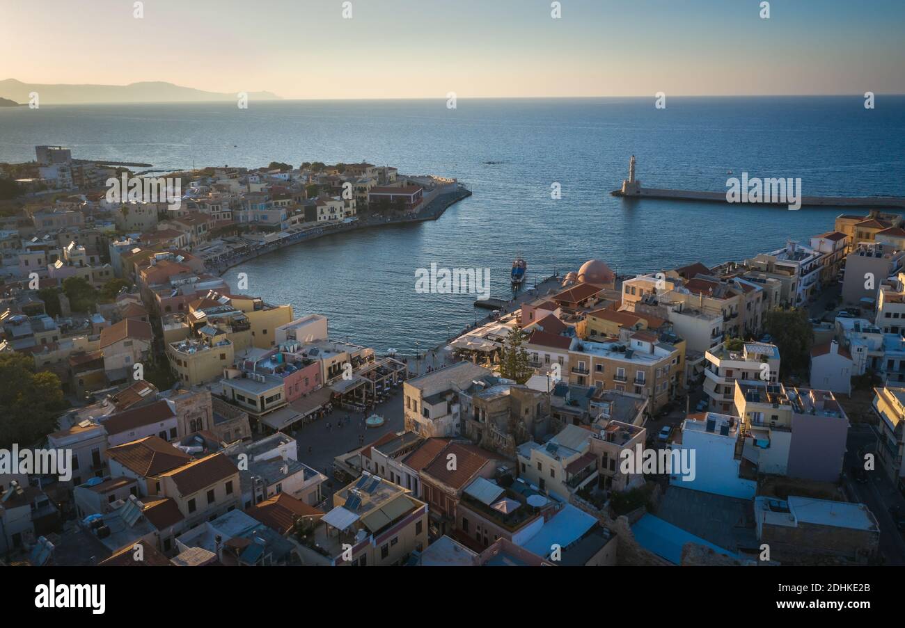 Panoramic aerial view from above of the city of Chania, Crete island ...
