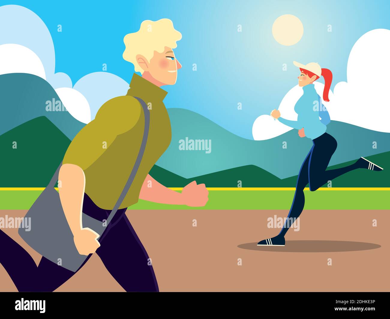 sporty woman and man running in the park scene vector illustration ...